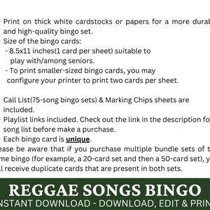 Reggae Songs Bingo 5 Cards, Groove Party Music Bingo With Playlist ...