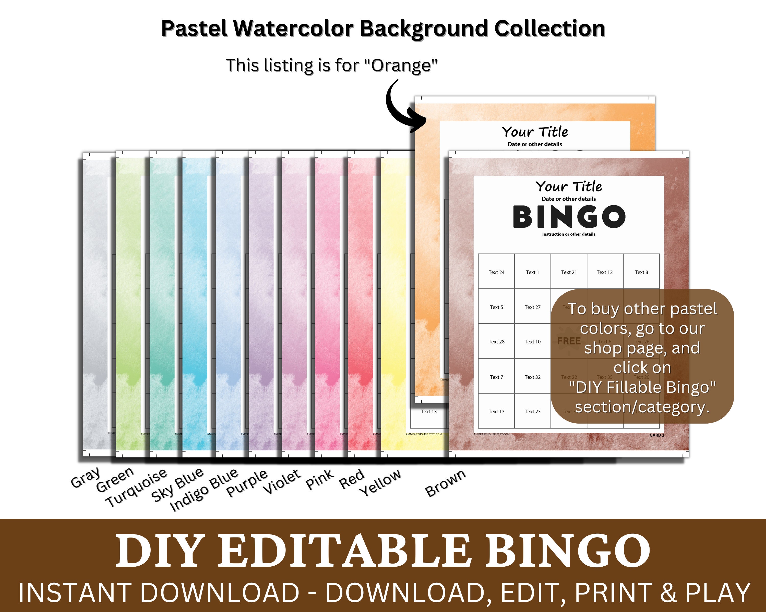 50 Editable Bingo Watercolor Orange Template PDF, DIY Fillable Game ...