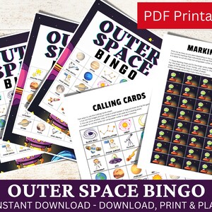 20 Outer Space Bingo Game Card, Fun Solar System Theme Party Activity ...