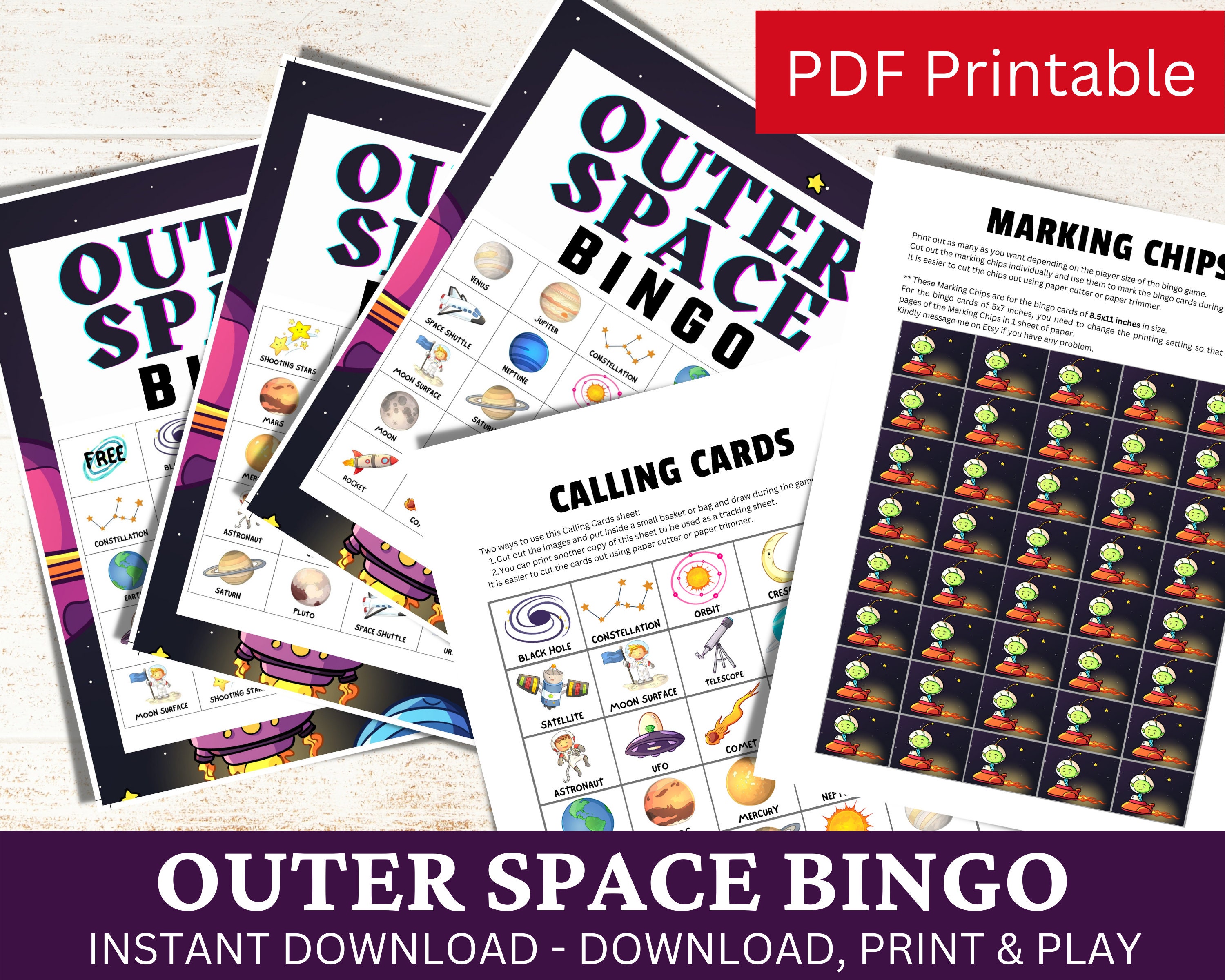 50 Outer Space Bingo Game Card, Fun Solar System Theme Party Activity ...