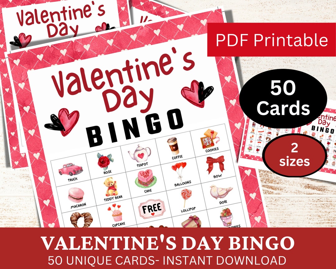 50 Valentine's Day Bingo Game Card, Watercolor Theme Class Party ...