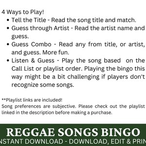 Reggae Songs Bingo 5 Cards, Groove Party Music Bingo With Playlist ...