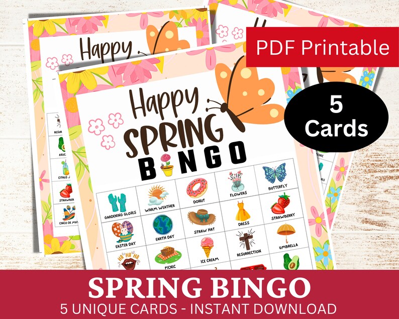 5 Spring Bingo Game Cards, Springtime Season Activity, Classroom Game ...