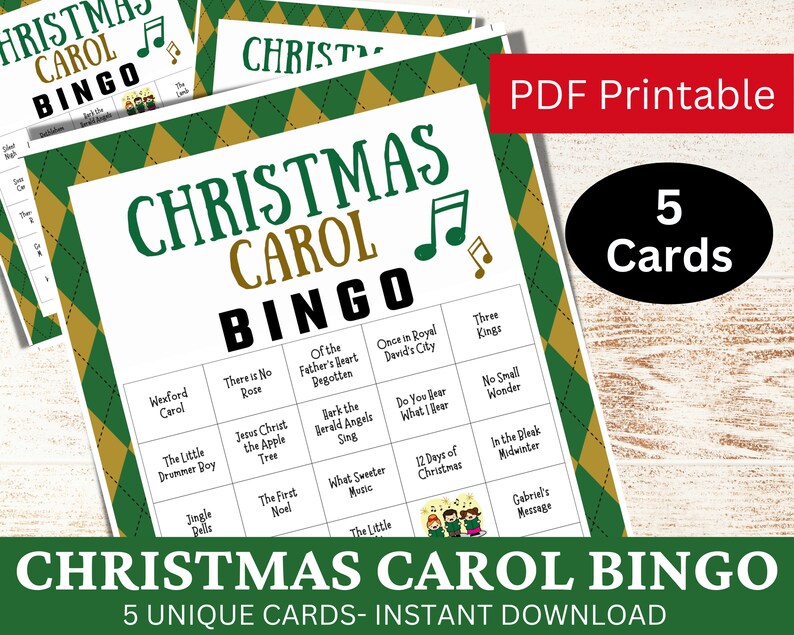 5 Christmas Carol Songs Bingo Game Cards, Fun Holiday Party Activity ...