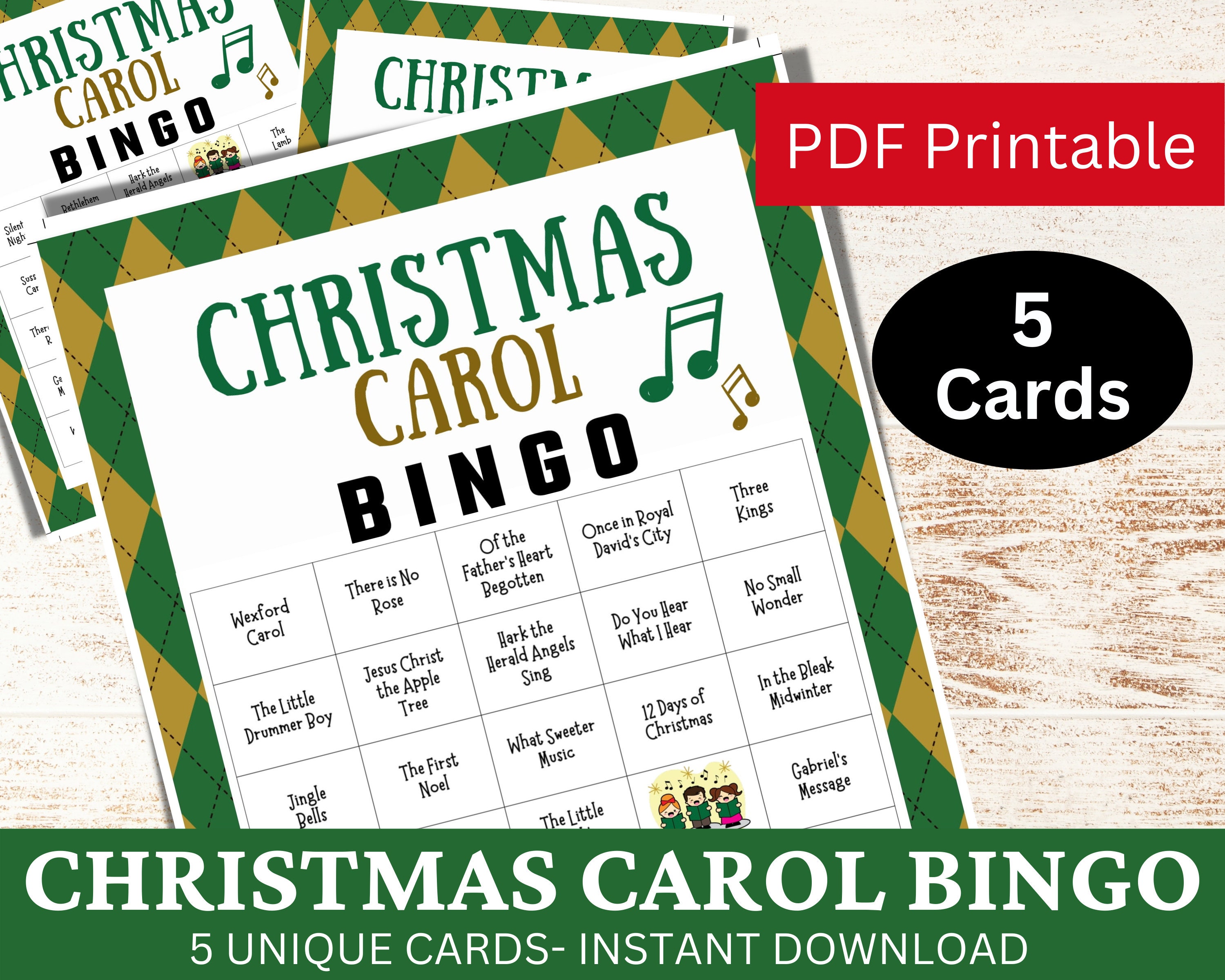5 Christmas Carol Songs Bingo Game Cards, Fun Holiday Party Activity ...