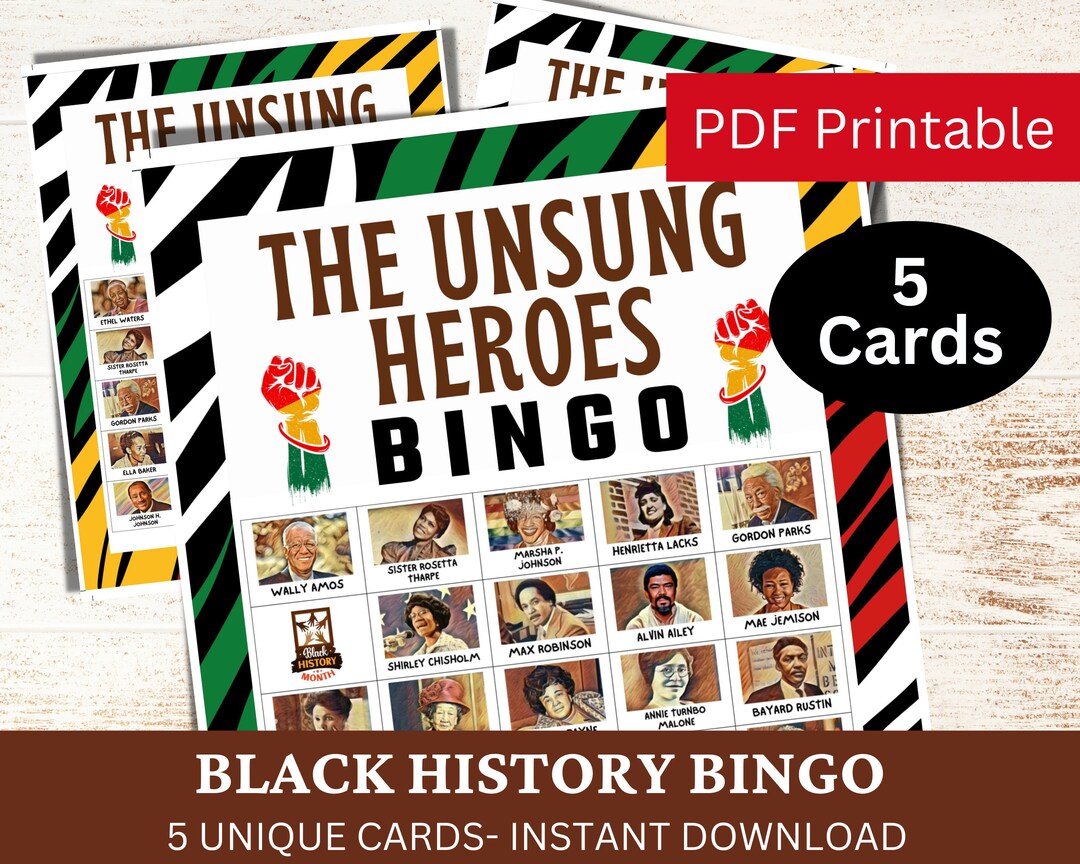 5 Unsung Heroes Bingo Game Card, Black History Month Theme Class Party ...