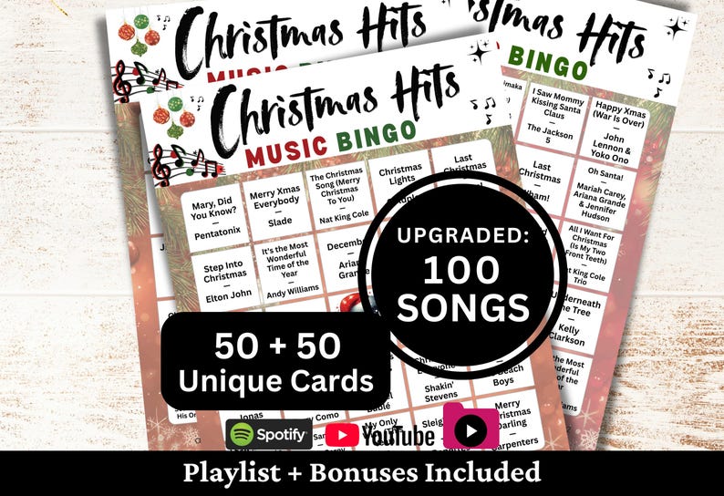 Christmas Songs Bingo 50 Cards, Best Xmas Songs Bingo With Playlist ...
