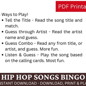 5 Hip Hop Songs Bingo Game Cards, Rap Music Party Activity, Family ...