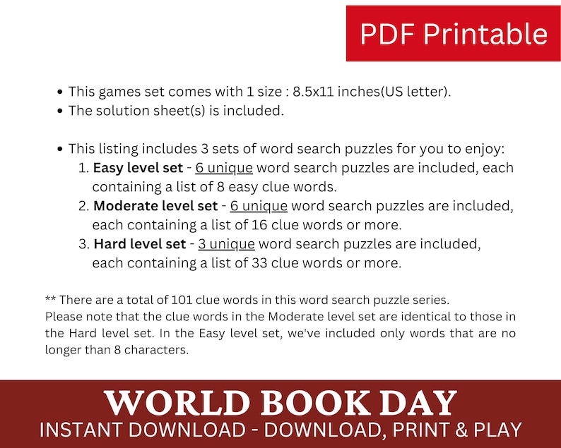 15 World Book Day Themed Word Search Puzzle Games Book Lovers - Etsy