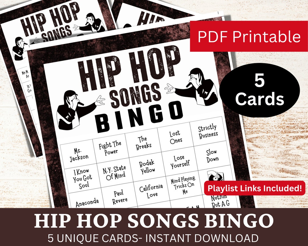 5 Hip Hop Songs Bingo Game Cards, Rap Music Party Activity, Family ...