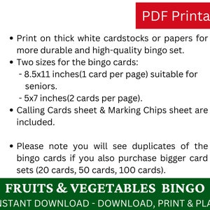 50 Fruits and Vegetables Bingo Game Card, Food Theme Party Activity ...