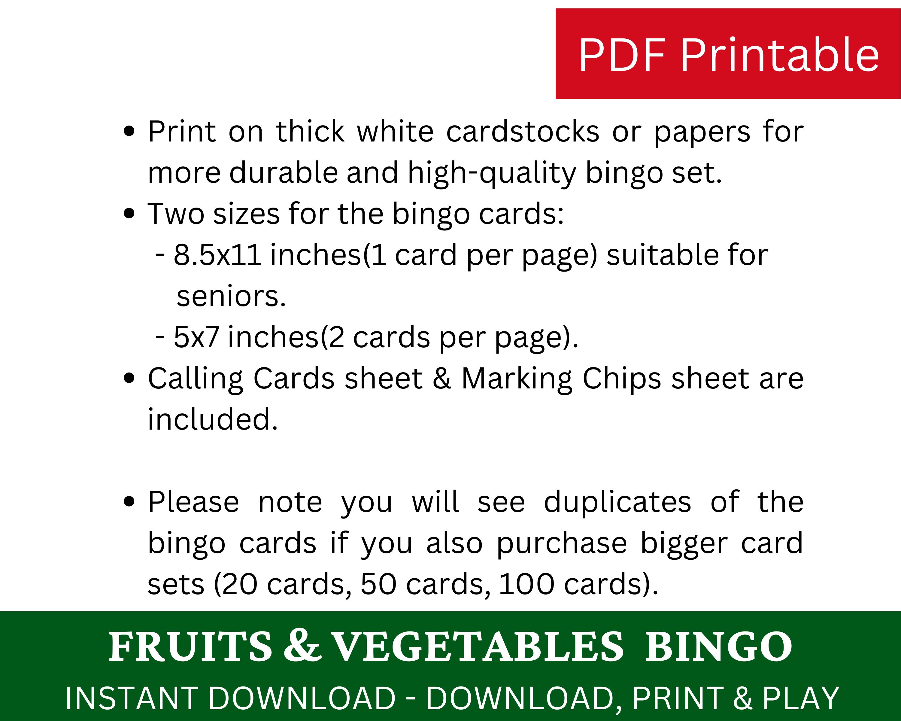 50 Fruits and Vegetables Bingo Game Card, Food Theme Party Activity ...