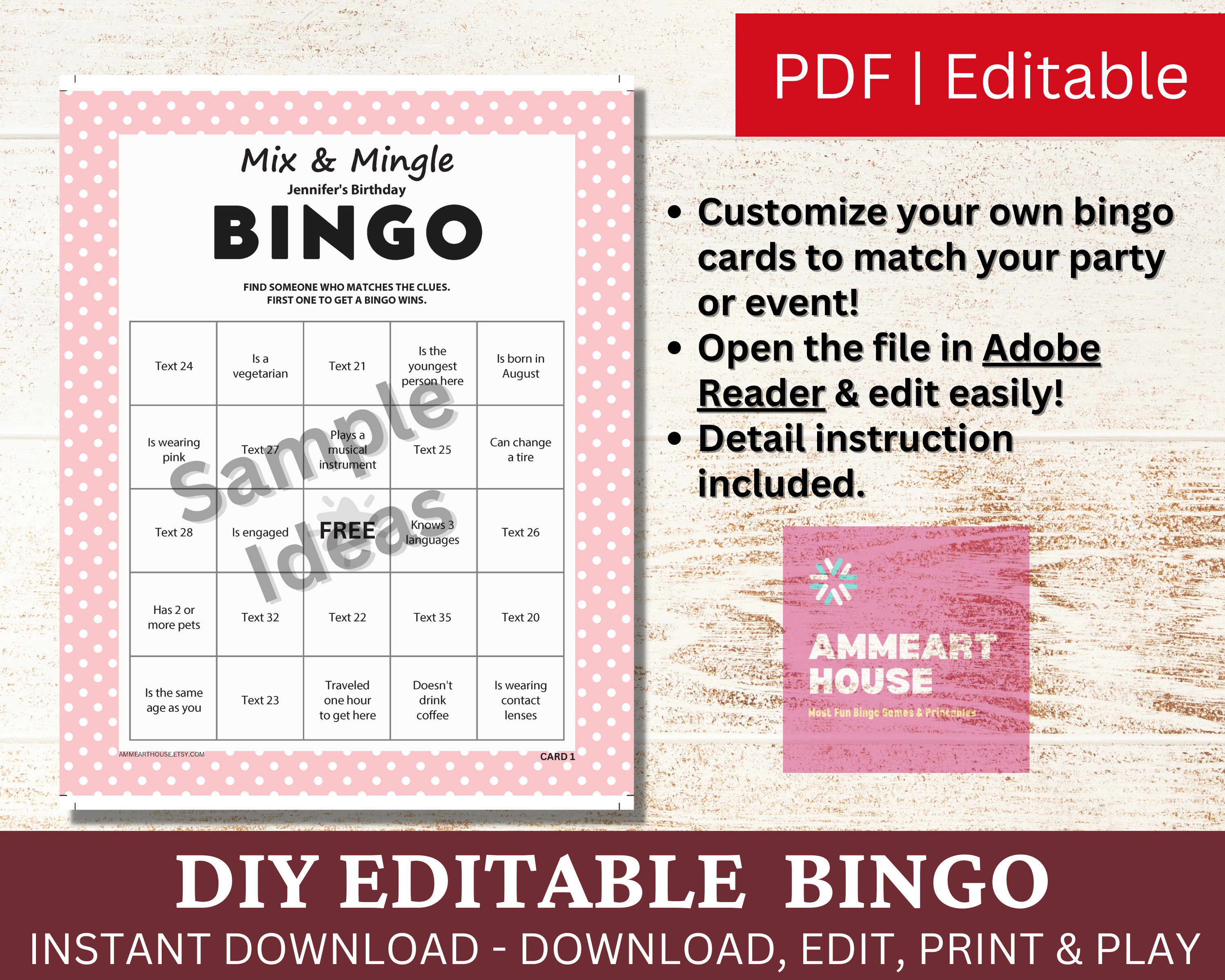 25 Editable Bingo Pastel Red Template PDF, DIY Fillable Bingo Game Card ...