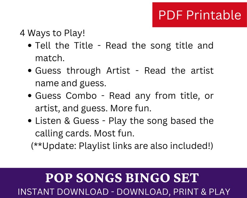 Pop Songs Bingo Game 100 Cards Pop Music Party Activity - Etsy