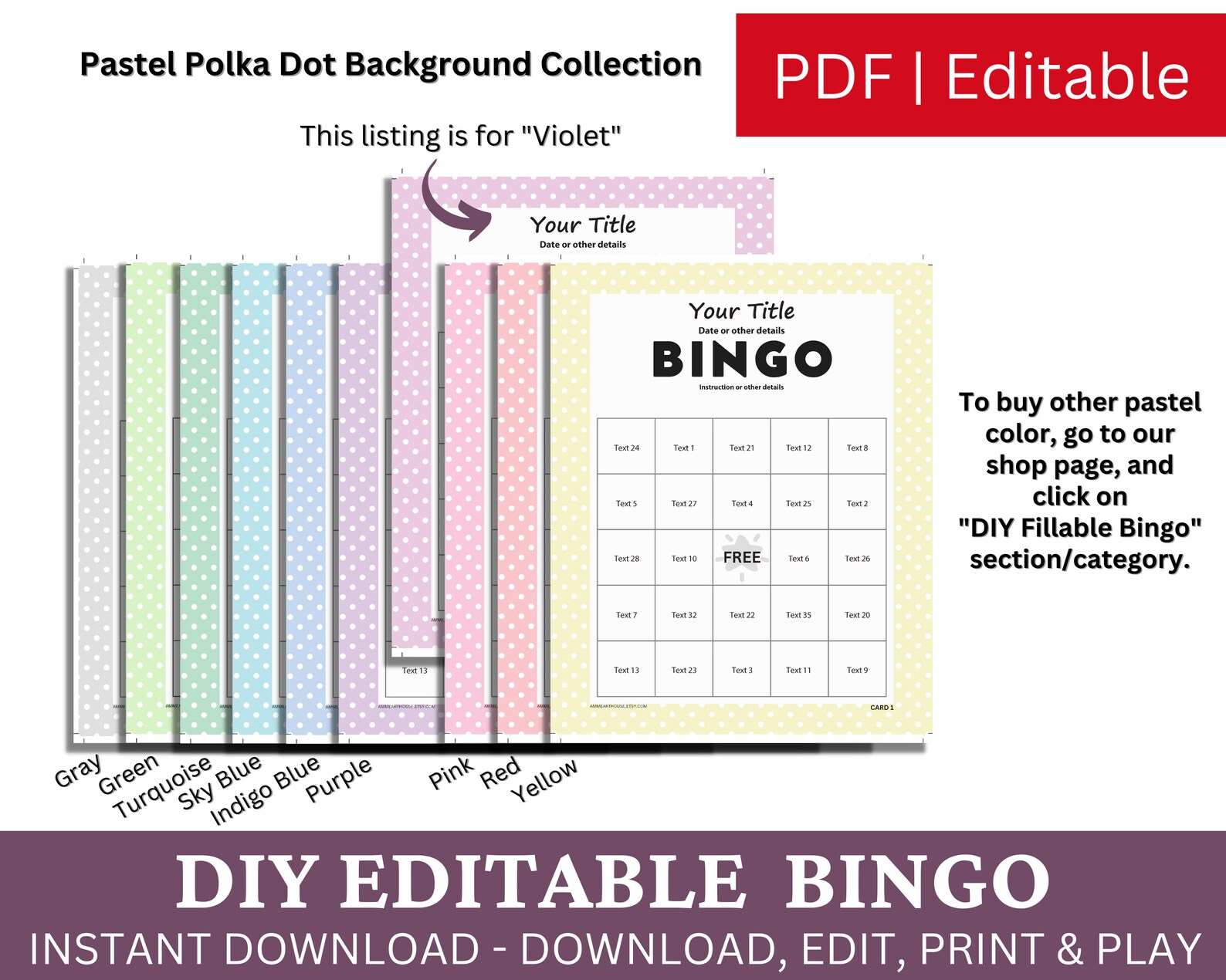 25 Editable Bingo Pastel Violet Template PDF, DIY Fillable Bingo Game ...