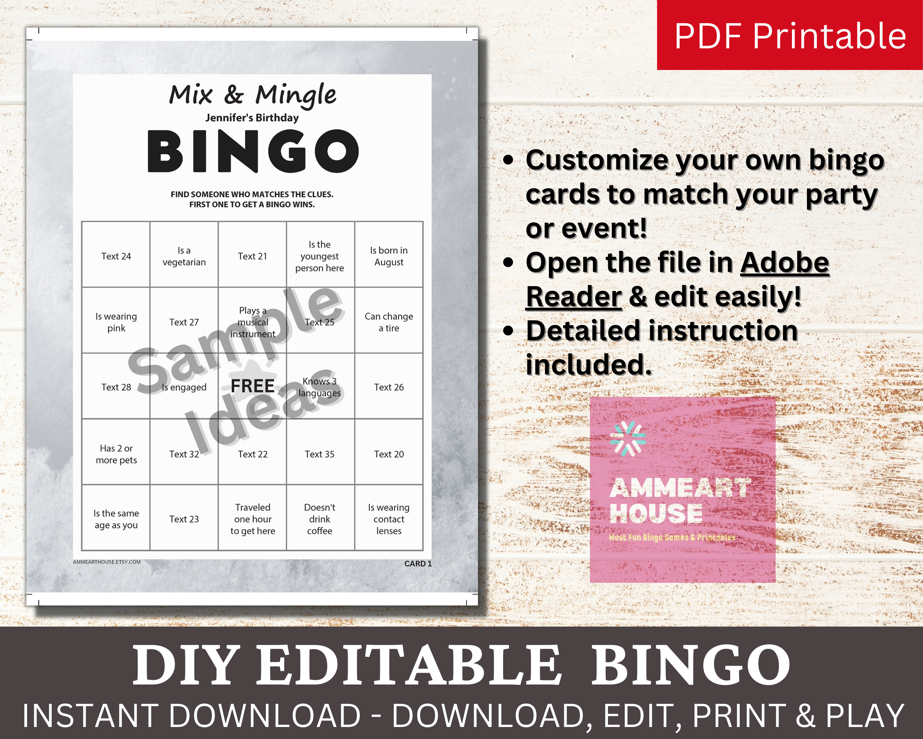 25 Editable Bingo Watercolor Gray Template PDF, DIY Fillable Game Cards ...