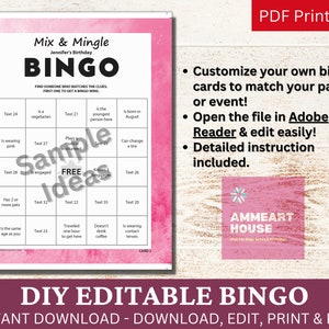 25 Editable Bingo Watercolor Pink Template PDF, DIY Fillable Game Card ...