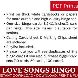 Love Songs Bingo Game 20 Cards, Romance Pop Music Party Activity ...
