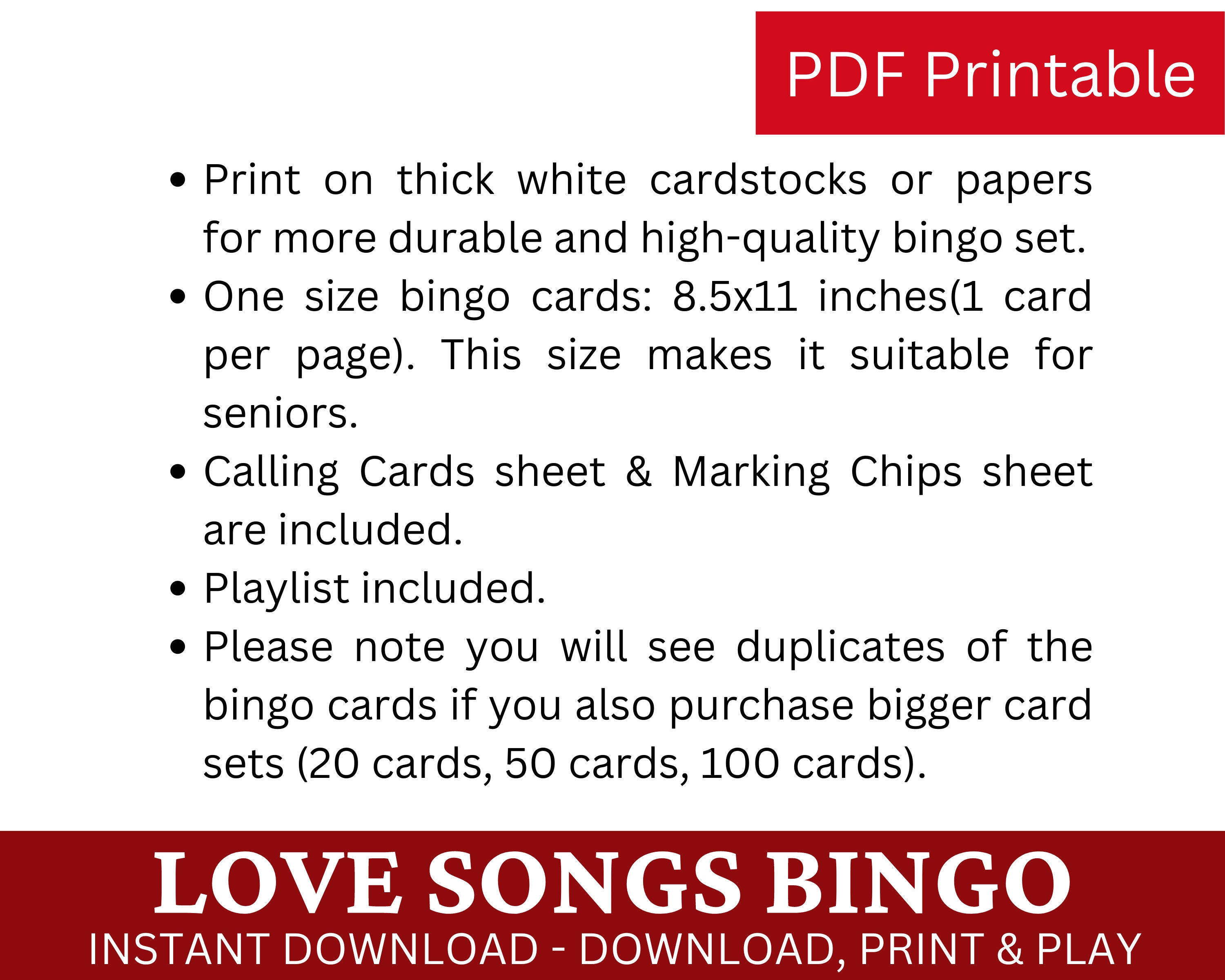 Love Songs Bingo Game 20 Cards, Romance Pop Music Party Activity ...
