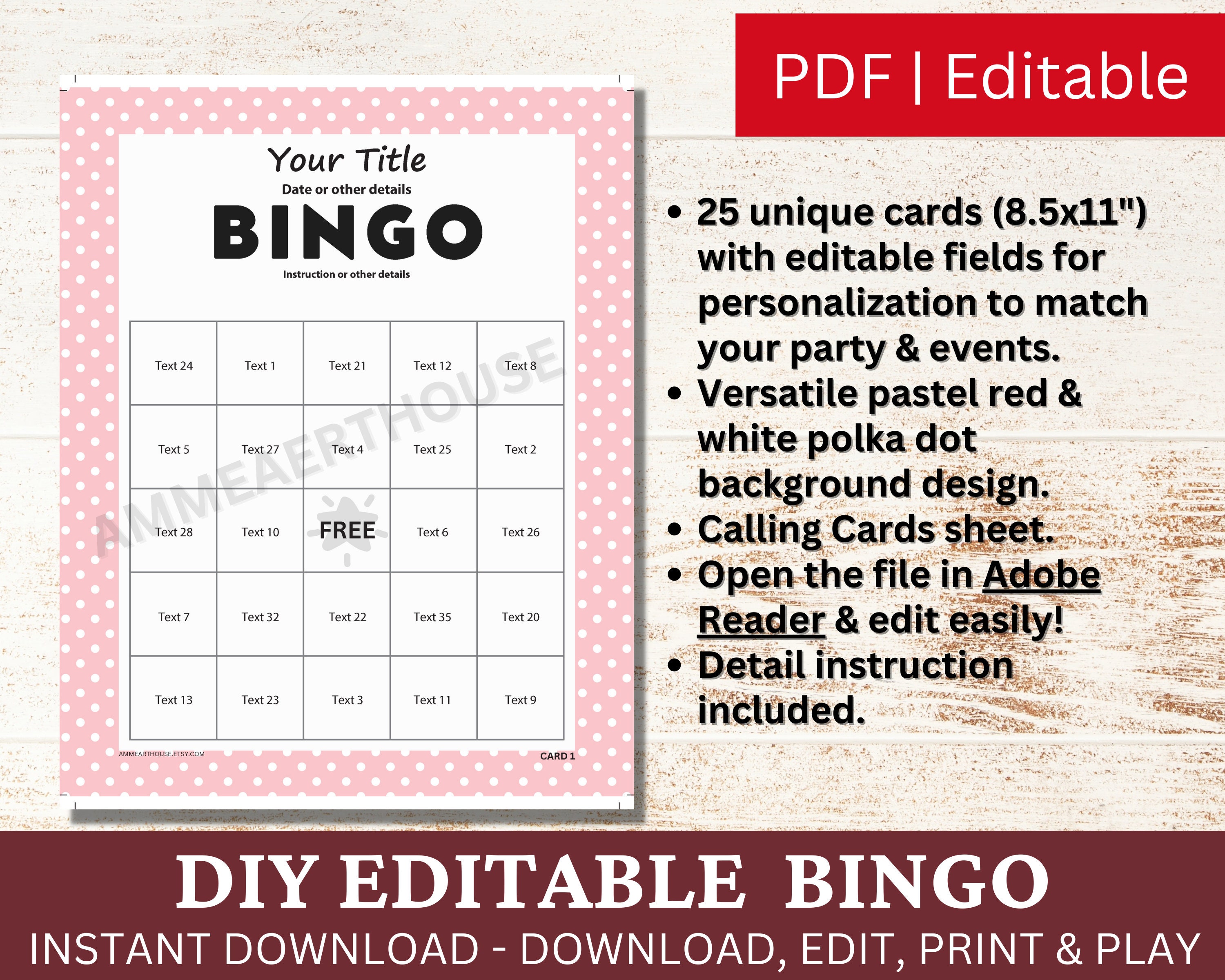 25 Editable Bingo Pastel Red Template PDF, DIY Fillable Bingo Game Card ...