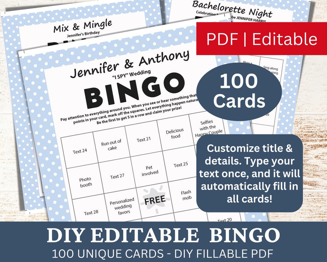 100 Editable Bingo Pastel Indigo Blue Template PDF, DIY Fillable Bingo ...