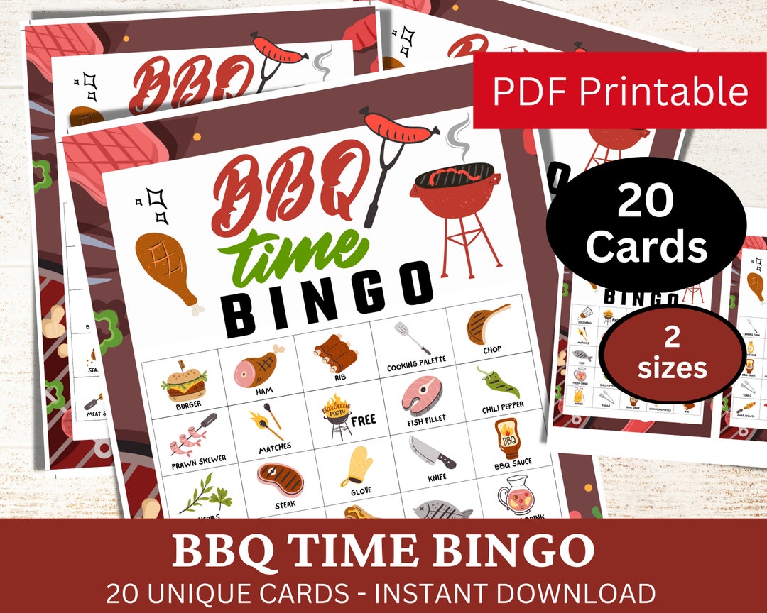 20 BBQ Time Bingo Game Cards, Barbecue Party Family Bingo, Summer ...