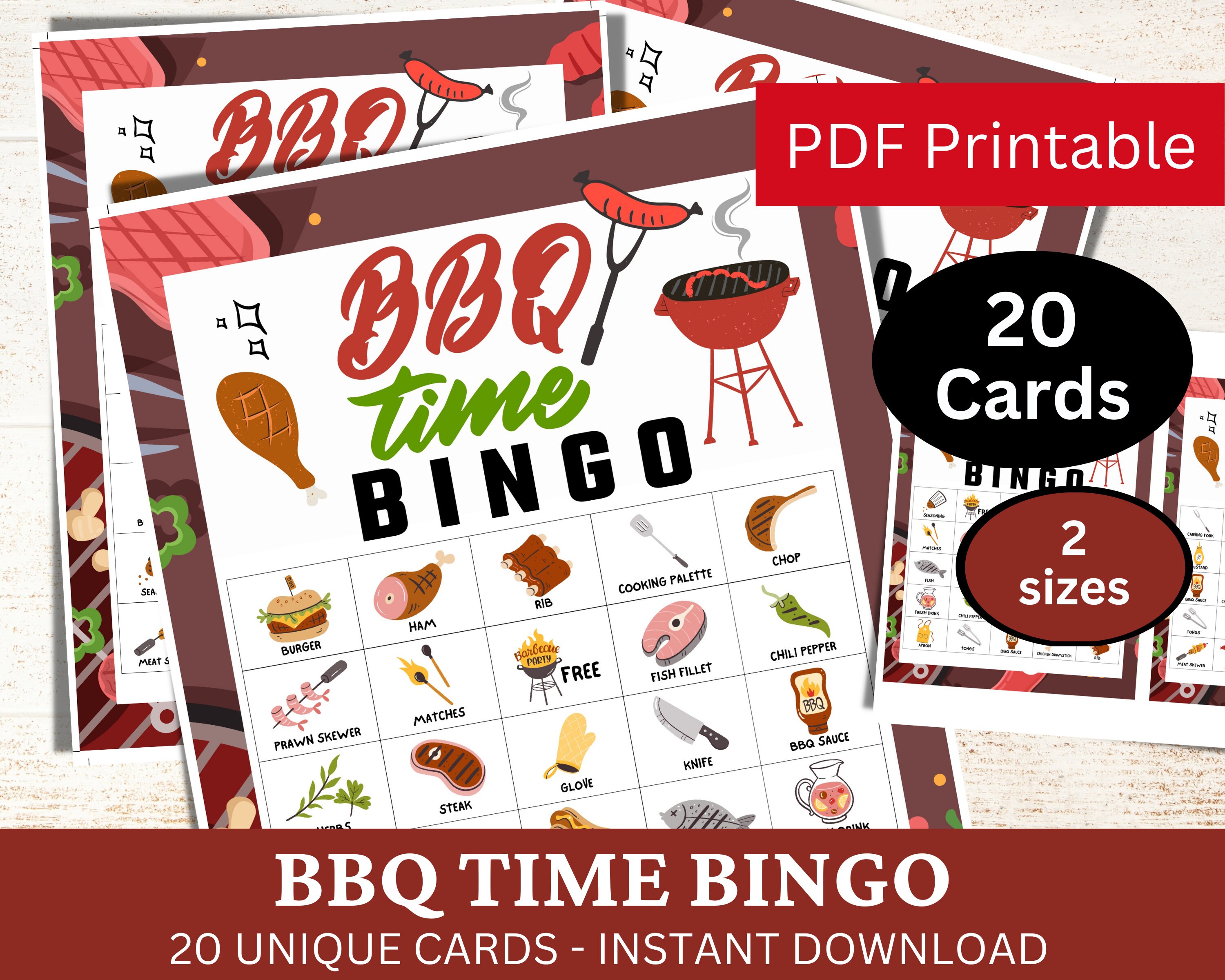 20 BBQ Time Bingo Game Cards, Barbecue Party Family Bingo, Summer Picnic Activity, Food Theme ...