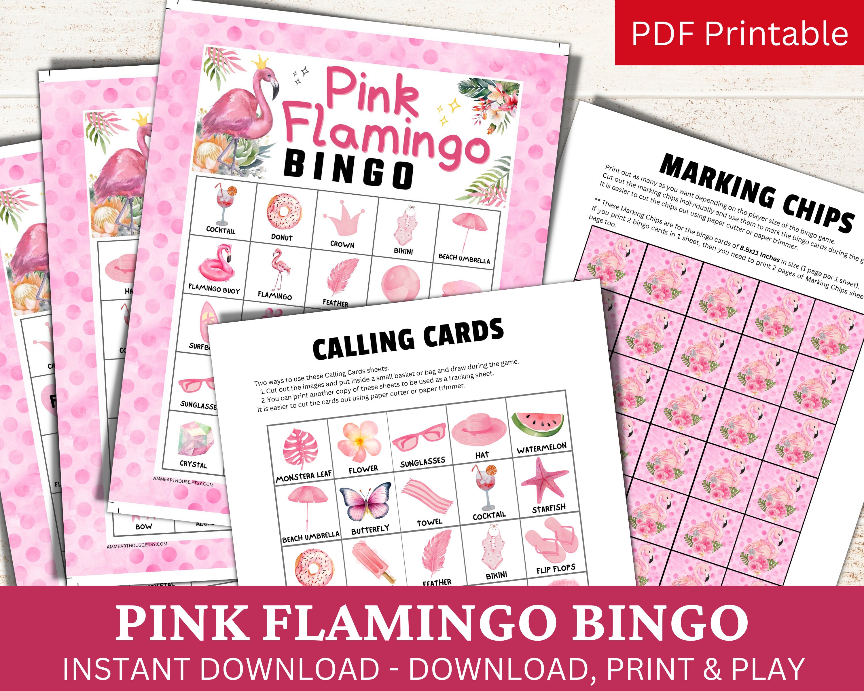 50 Pink Flamingo Watercolor Bingo Game, Tropical Summer Theme Birthday ...