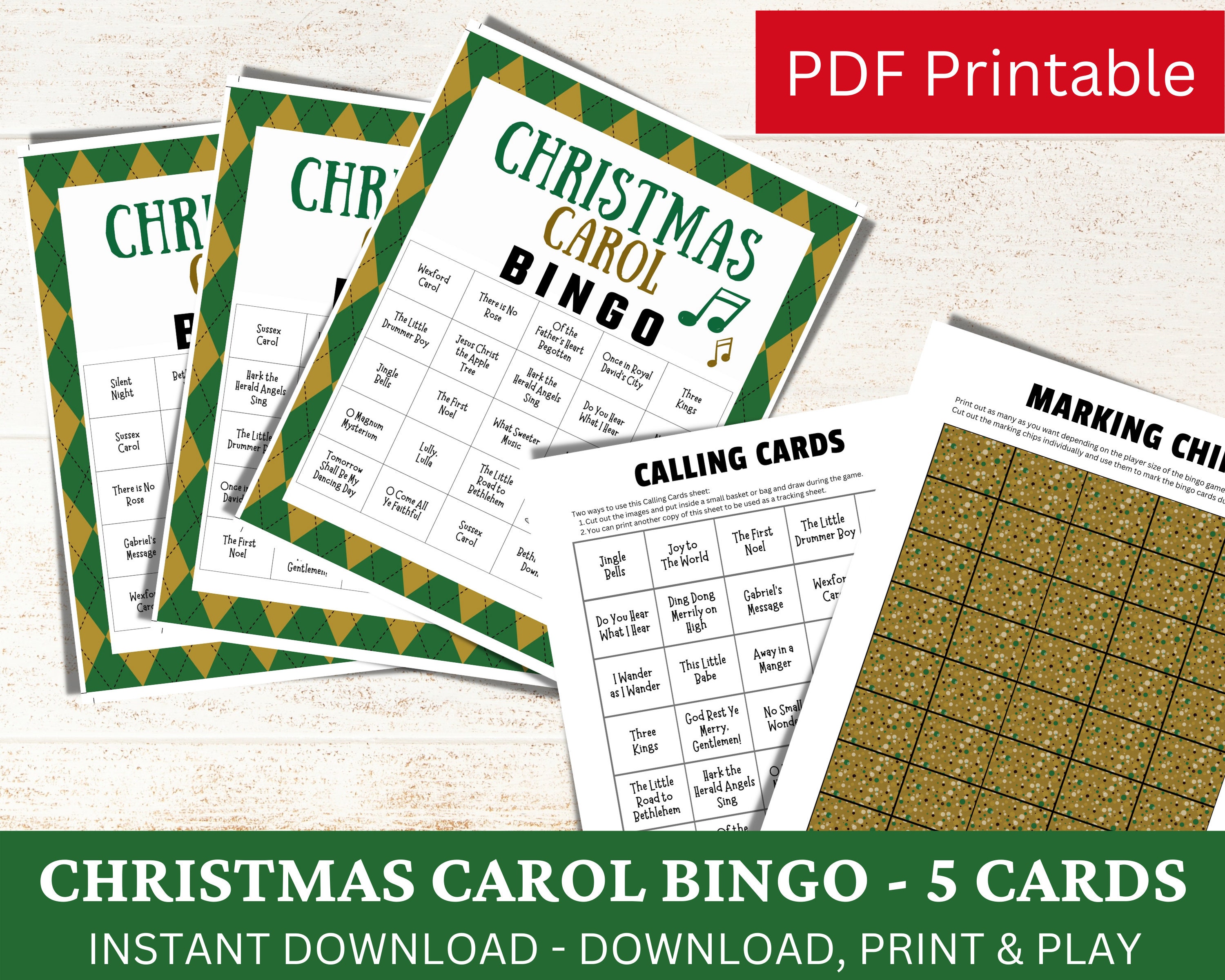 5 Christmas Carol Songs Bingo Game Cards, Fun Holiday Party Activity ...