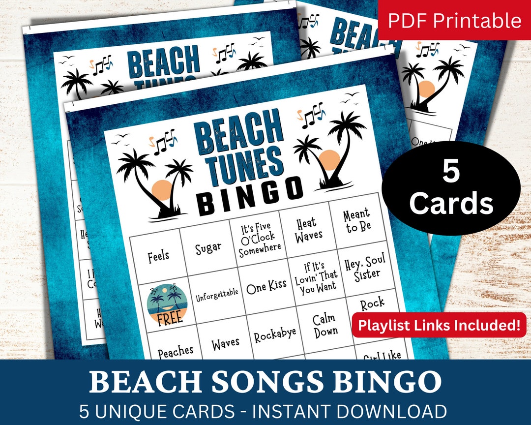 5 Beach Songs Bingo Game Card, Vacation Tunes Activity, Summer Themed ...