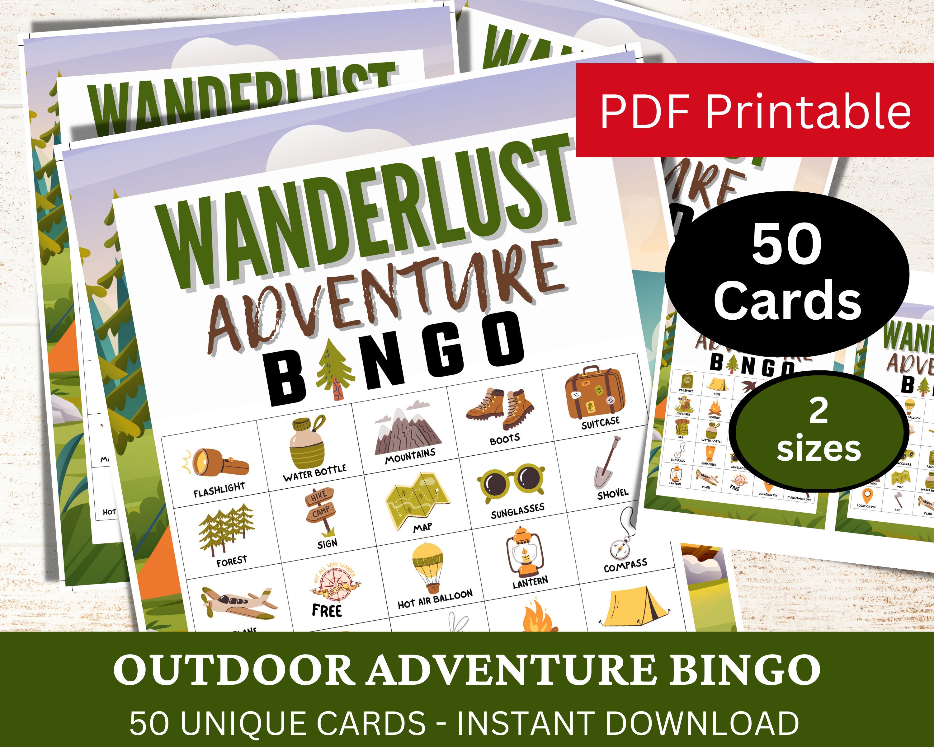 50 Outdoor Adventure Bingo Game Cards, Camping Theme Activity, Summer ...