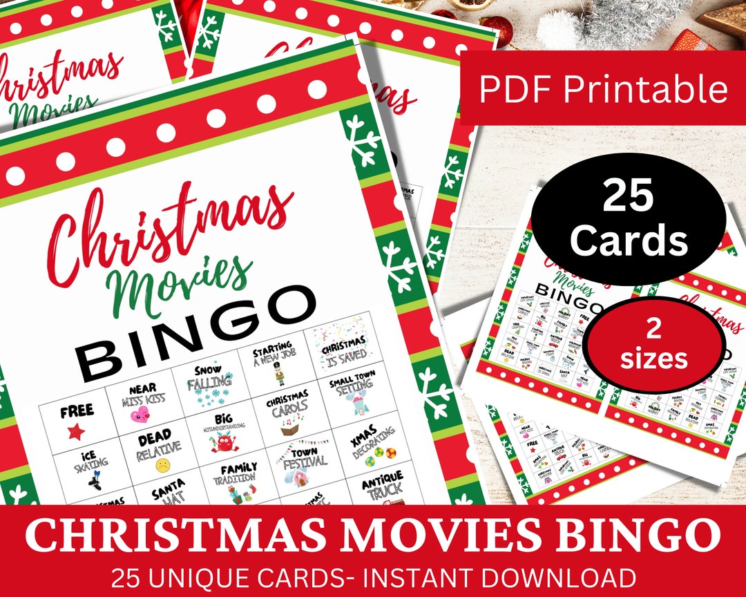 25 Christmas Movies Bingo Game Cards, Fun Holiday Party Activity ...