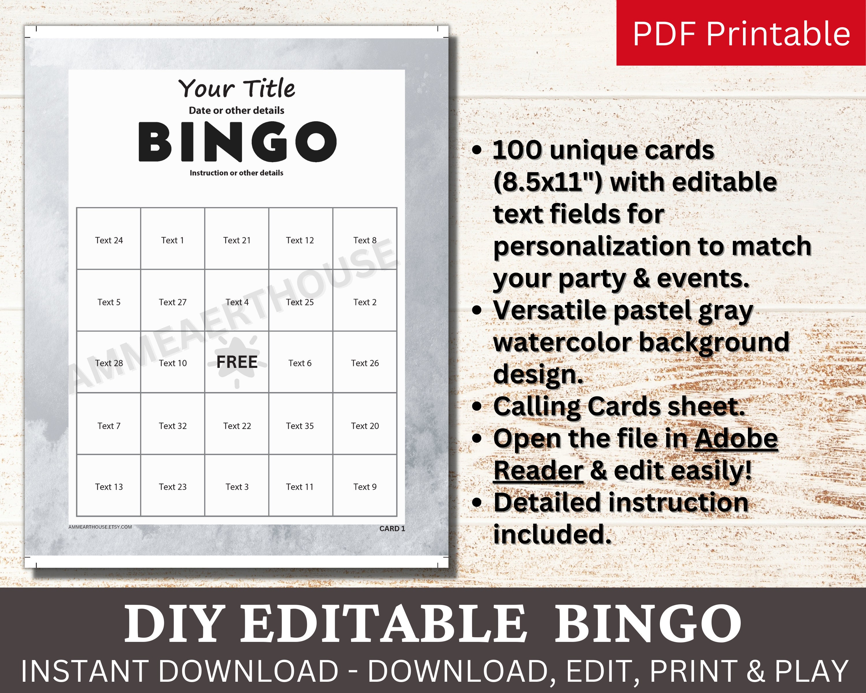 100 Editable Bingo Watercolor Gray Template PDF, DIY Fillable Game ...