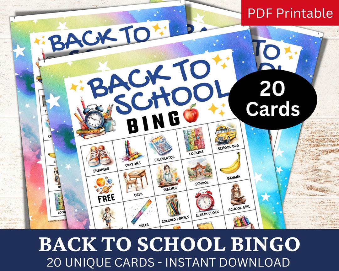 20 Back to School Watercolor Bingo Game, School First Day Activity ...