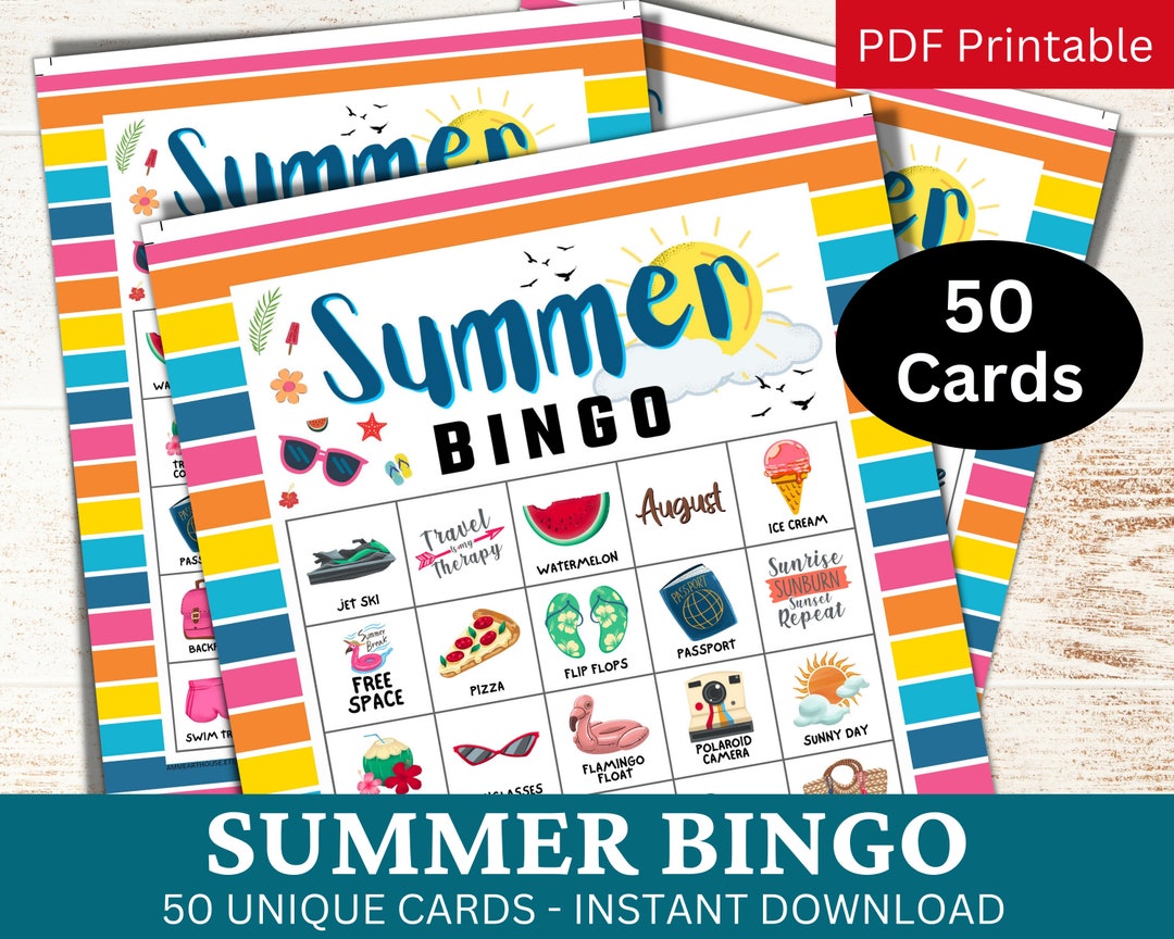 50 Summer Bingo Game Card, Beach Travel Trip Themed Activity, Pool ...
