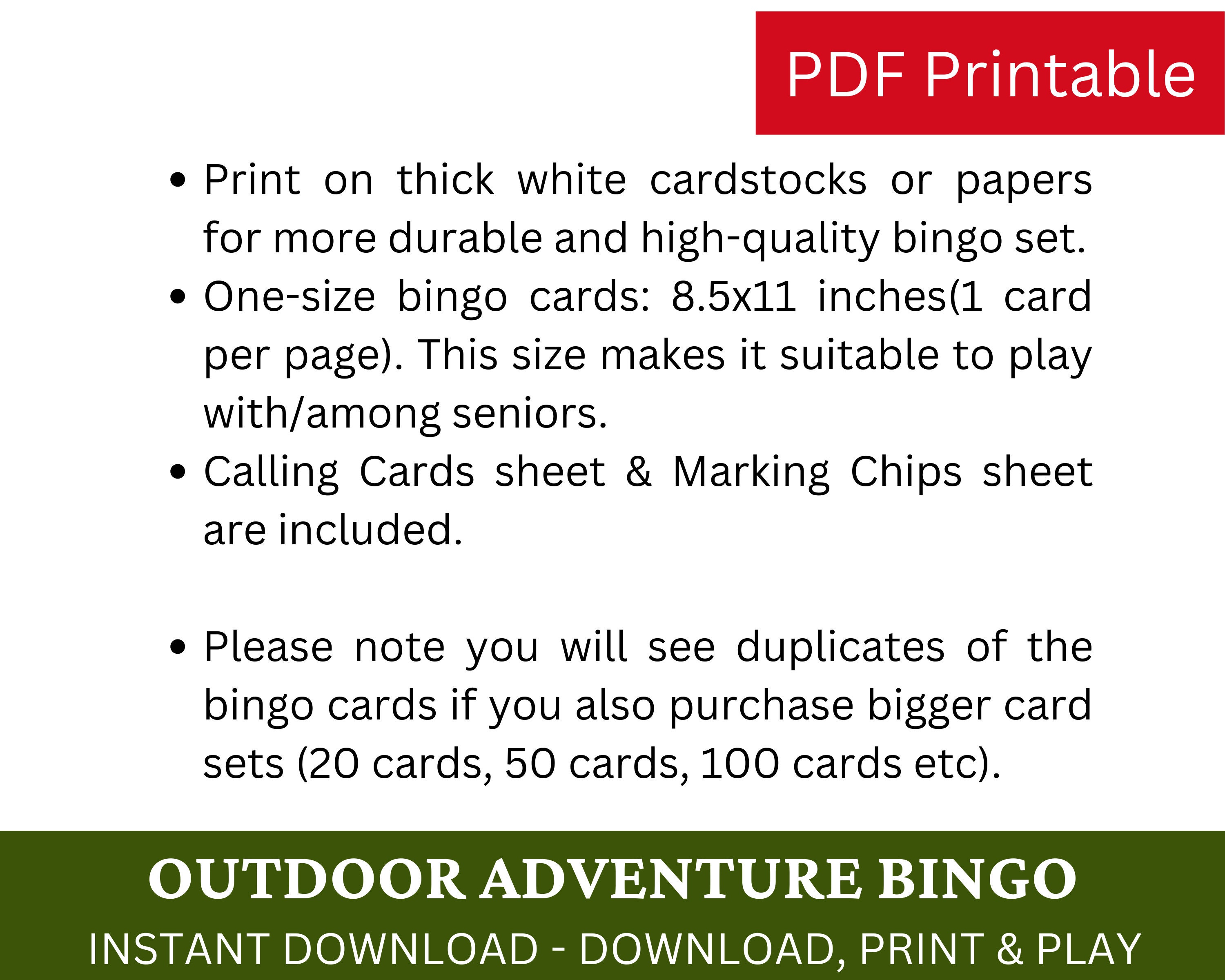 5 Outdoor Adventure Bingo Game Cards, Camping Theme Activity, Summer ...
