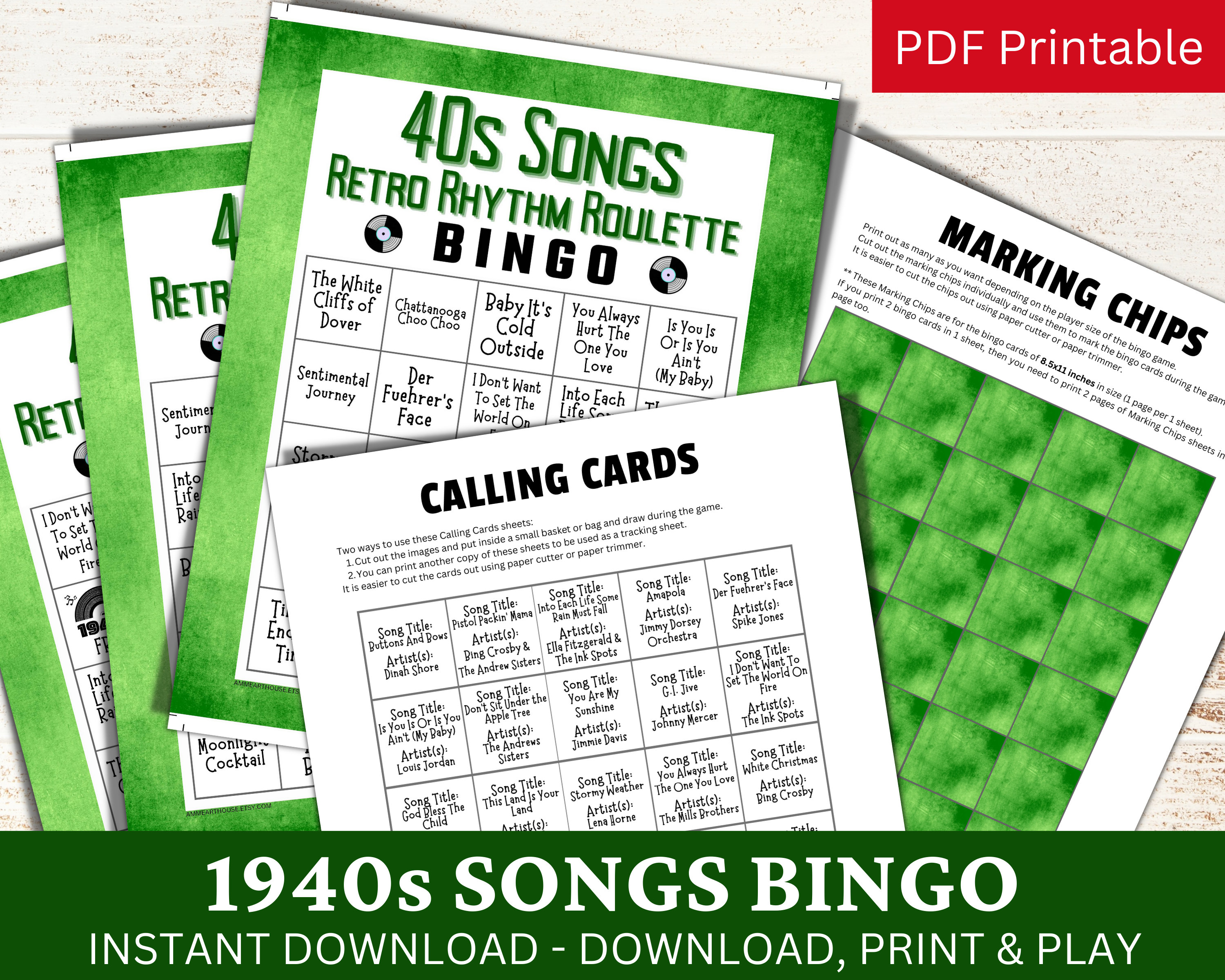 1940s Songs Bingo Game 20 Card 40s Music Bingo With Playlist - Etsy