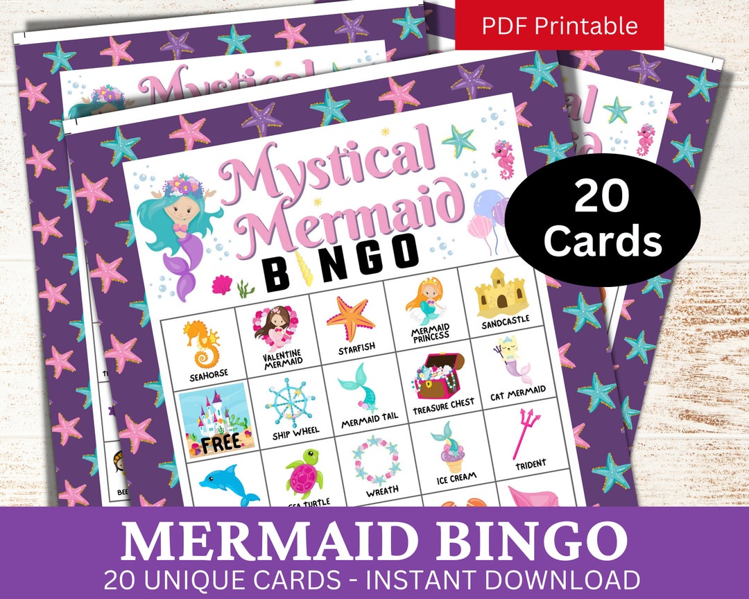 Mermaid Bingo 20 Card, Cute Printable Mermaid Theme Family Game Night ...
