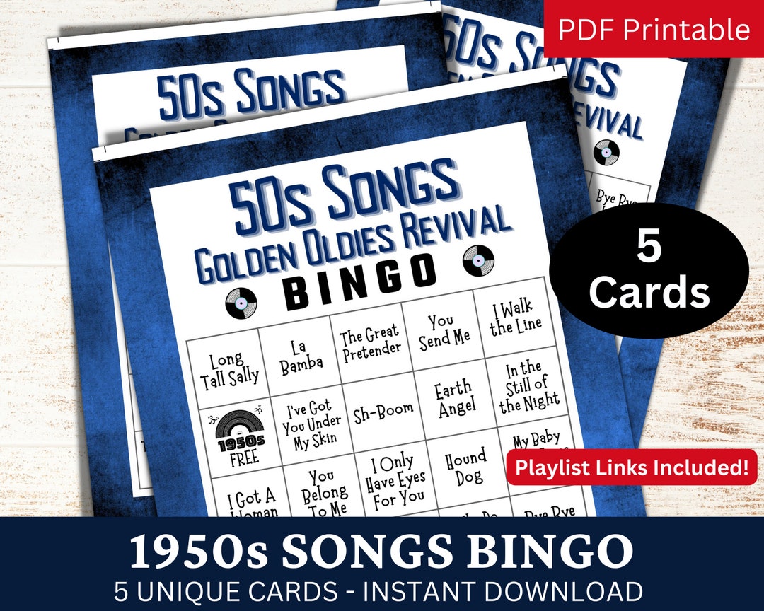 5 1950s Songs Bingo Game Card, 50s Music Bingo With Playlist, Family ...