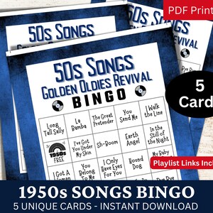 5 1950s Songs Bingo Game Card, 50s Music Bingo With Playlist, Family ...