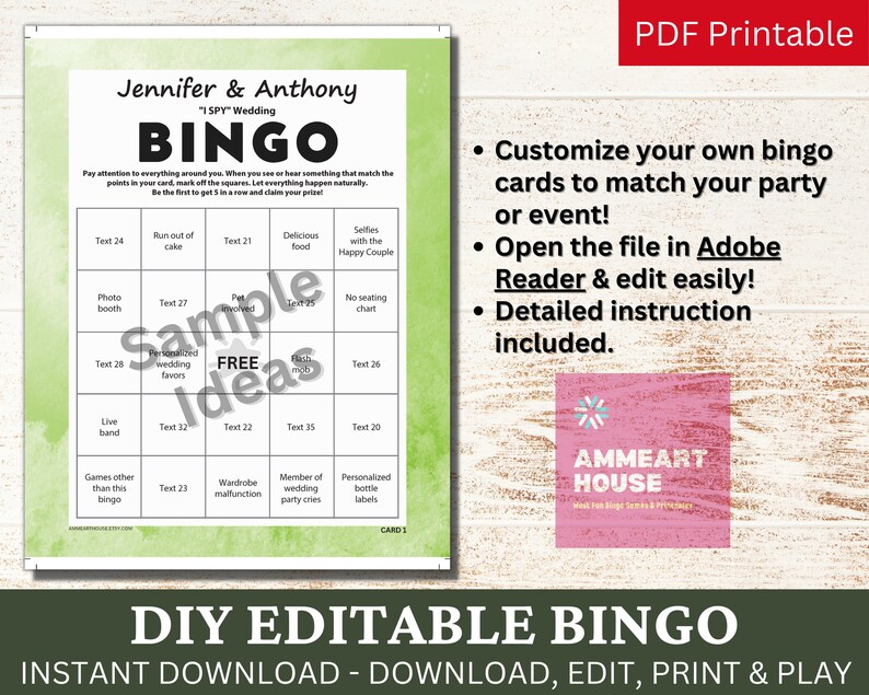 50 Editable Bingo Watercolor Green Template PDF DIY Fillable - Etsy