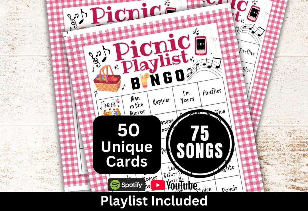 Picnic Songs Bingo 50 Cards, Birthday Theme Party Game, Family Reunion ...