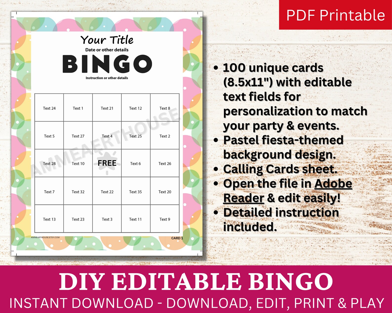 100 Editable Bingo Colorful Pastel Themed Template PDF DIY - Etsy