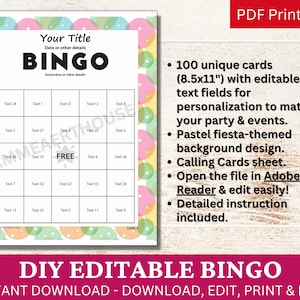 100 Editable Bingo Colorful Pastel Themed Template PDF, DIY Fillable ...