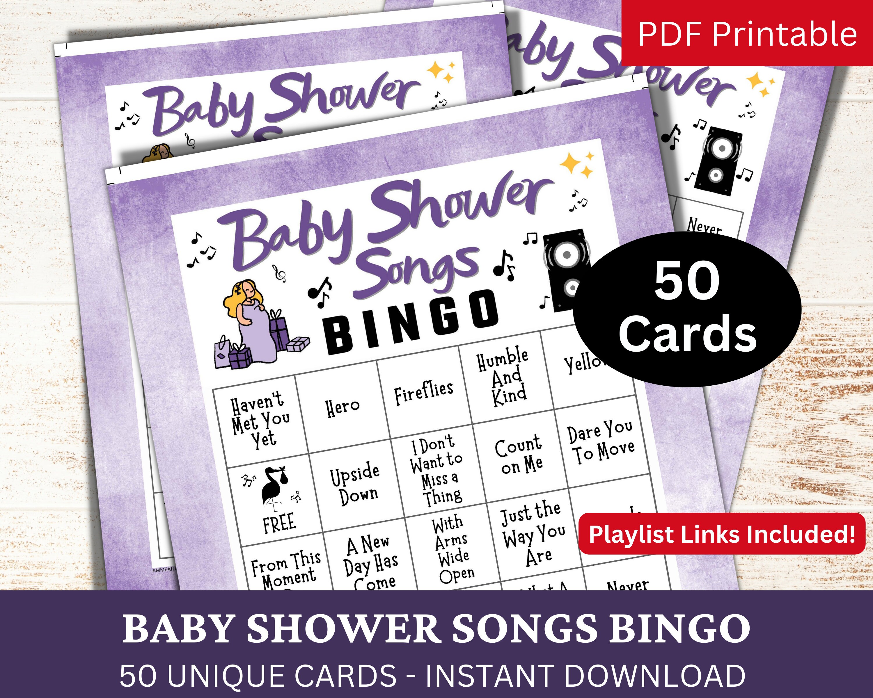Baby Shower Songs Bingo 50 Card, Gender Neutral Reveal Games, Baby ...