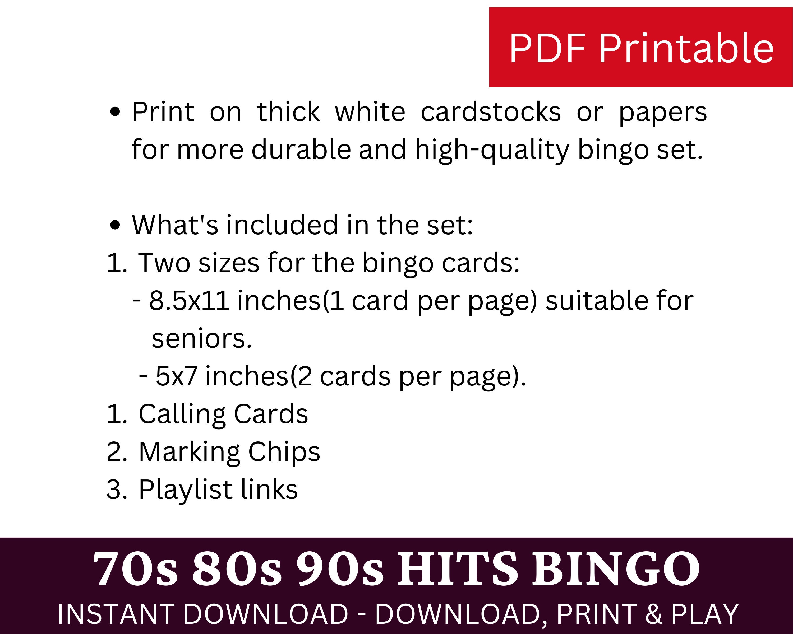 Decades of Hits Bingo 20 Cards, 70s 80s 90s Songs Game for Party ...