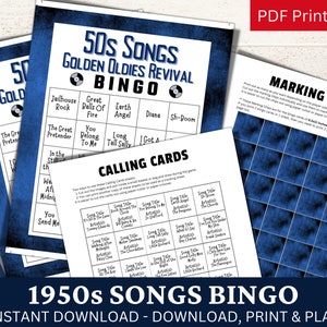 5 1950s Songs Bingo Game Card, 50s Music Bingo With Playlist, Family ...