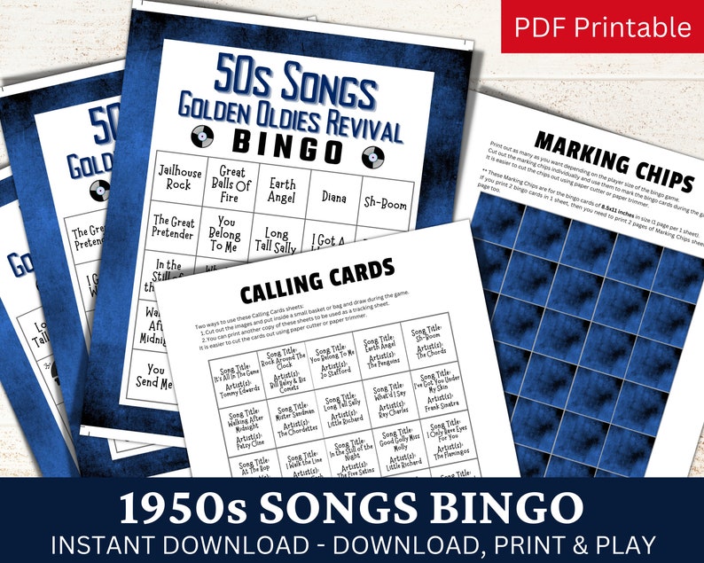 5 1950s Songs Bingo Game Card, 50s Music Bingo With Playlist, Family ...
