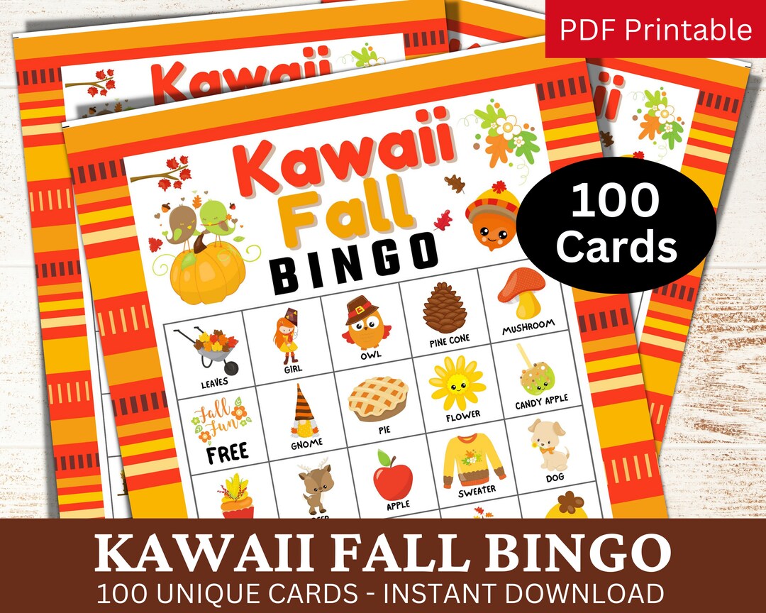 100 Kawaii Fall Bingo Game, Cute Autumn Season Activity for Kids ...