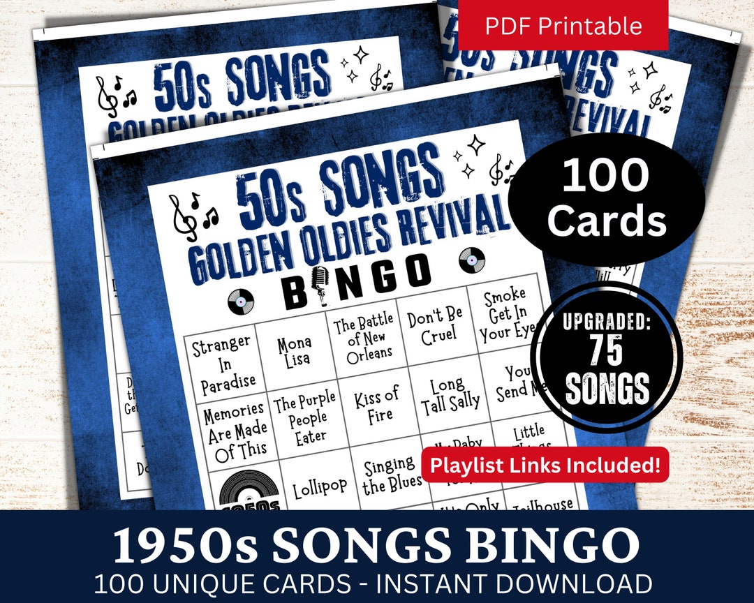 1950s Songs Bingo 100 Card, Throwback Birthday Theme Gathering Activity ...